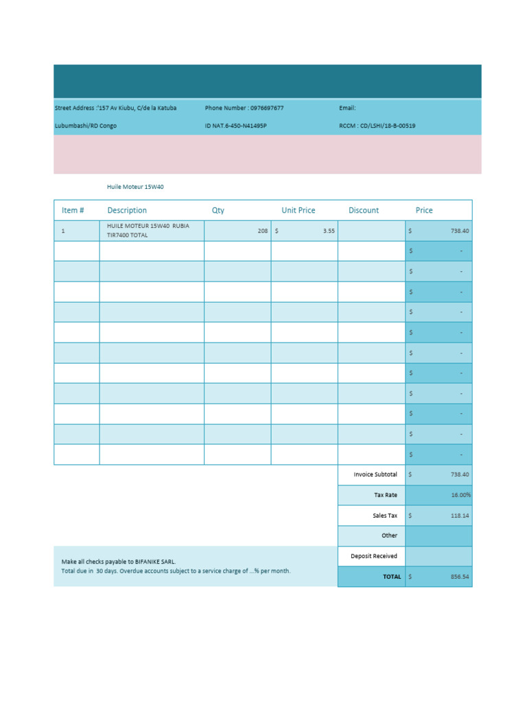 Proforma Invoice 001 Huile Moteur | PDF | Invoice | Business Documents