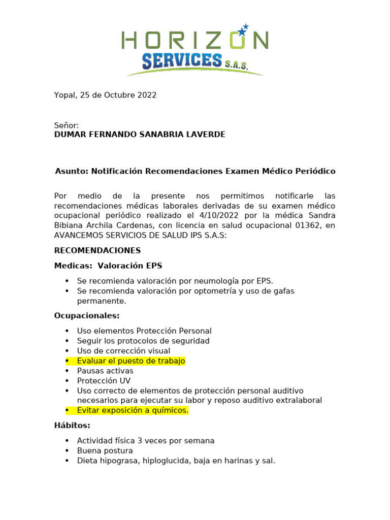 Notificacion Recomendaciones de Examen Medico DUMAR | PDF | Seguridad y salud ocupacional