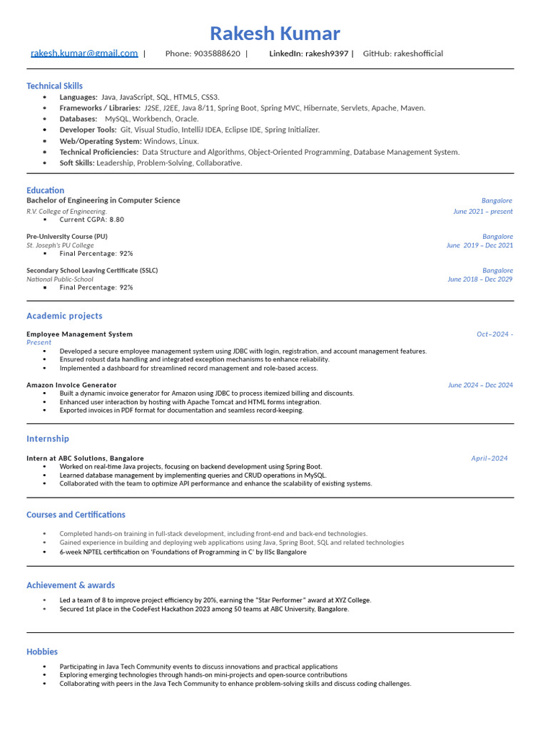 Rakesh Kumar Resume 2024 | PDF | Java (Programming Language) | My Sql