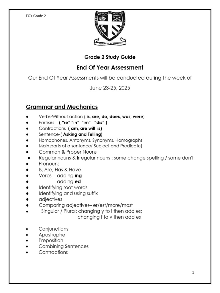 Grade 2 End of Year Assessment Study Guide & Timetable 2025 | PDF ...