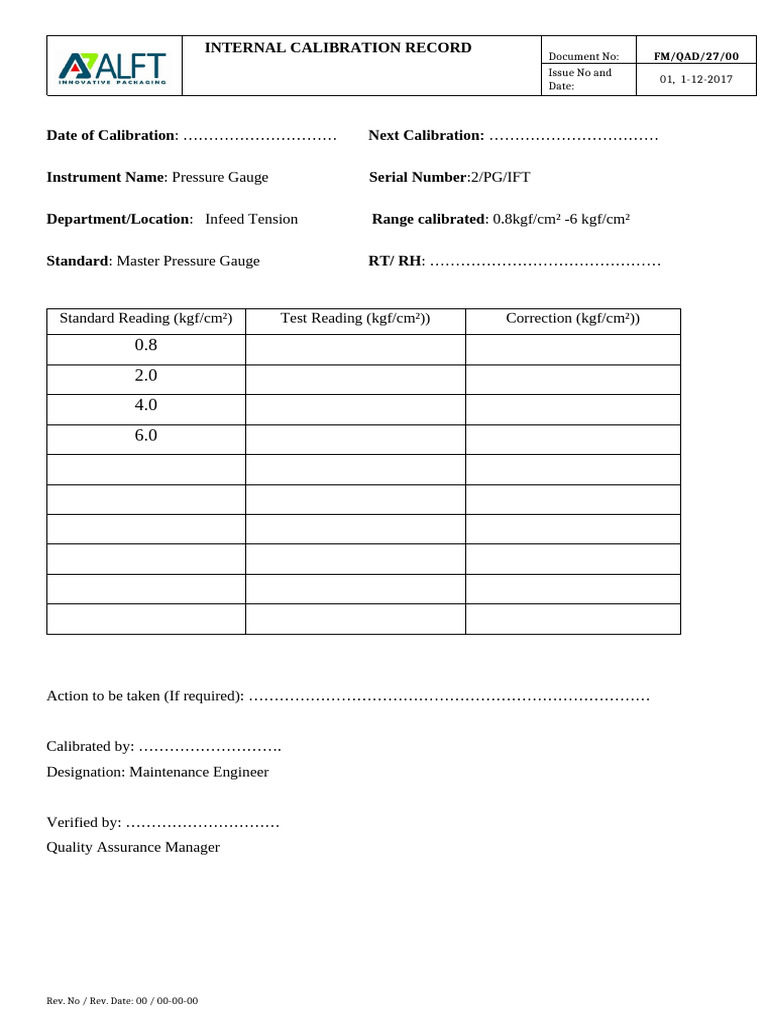 Pressure Gauge Calibration Record | PDF