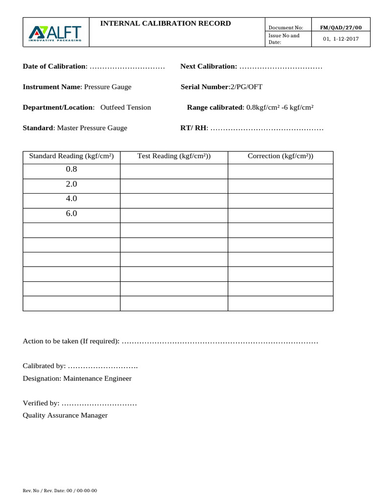 27-Internal Calibration Record - Pressure Roto Outfeed | PDF