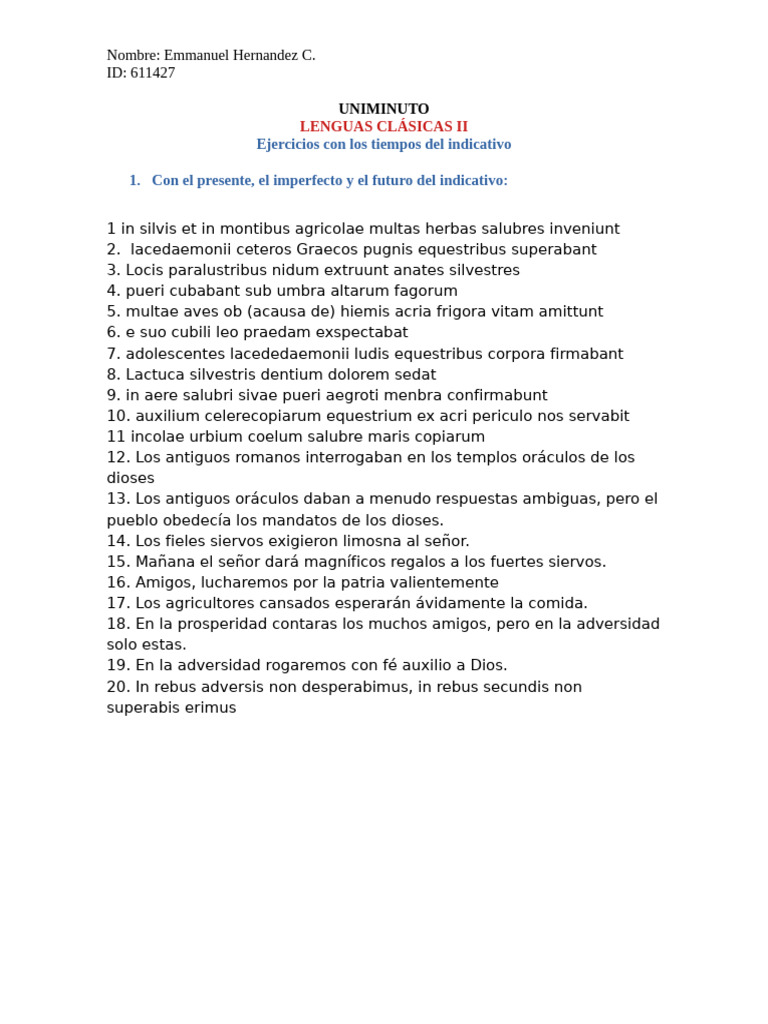 Ejercicio Segundo Emmanuel (Presente, Imperfecto, Futuro Indicativo) | PDF