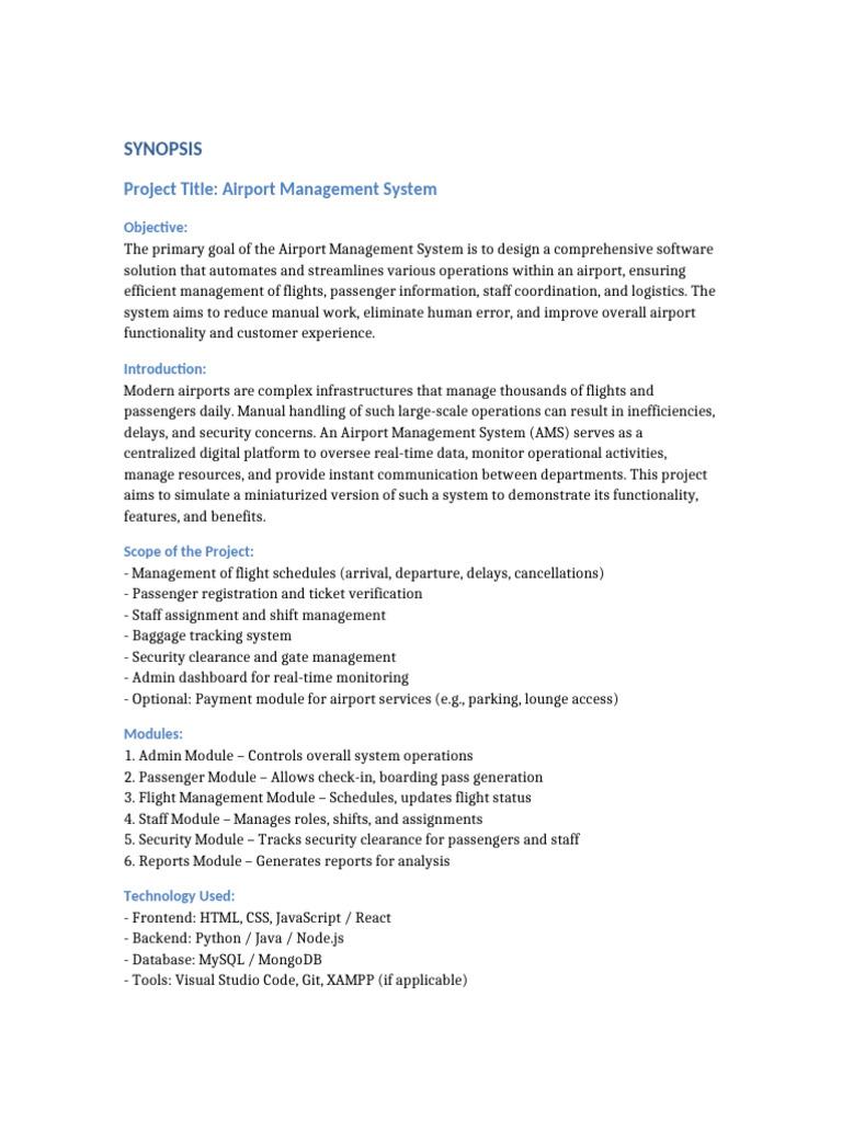 Airport Management System Synopsis | PDF | Airport | Software Engineering