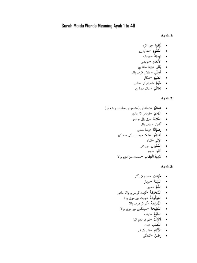 Surah Maida Words Meaning Ayah 1 To 40 | PDF