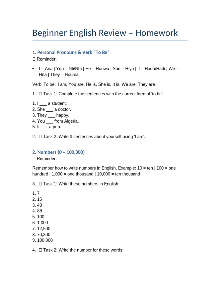 Beginner English Homework Revised | PDF