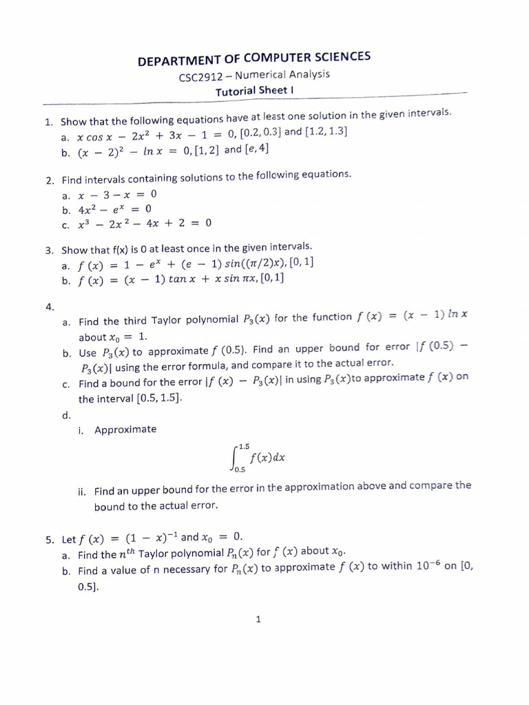 Numerical Analysis CSC 2912 Tutorial Sheet 1 (1) | PDF | Computational Science | Mathematics Of ...