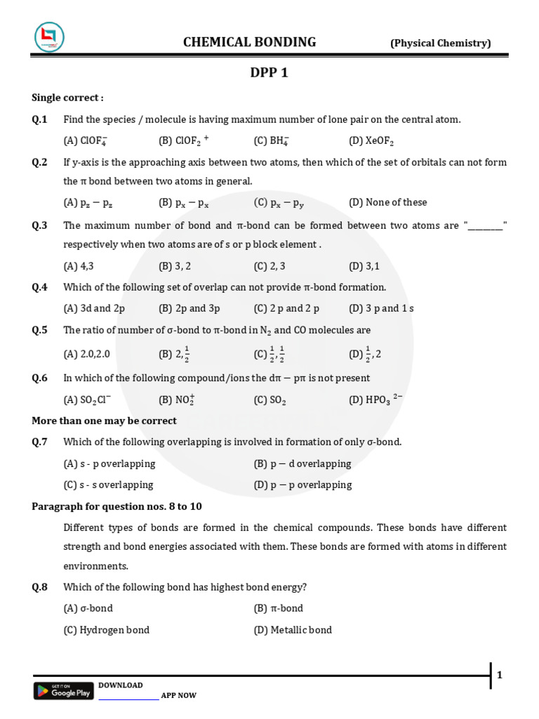 DPP - 01 To 15 - Chemical Bonding | PDF | Molecular Orbital | Chemical Bond
