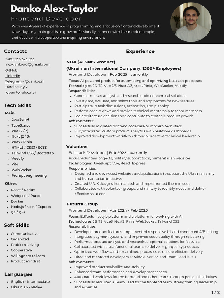 Frontend Developer Resume Summary | PDF | Web Development | Systems Architecture