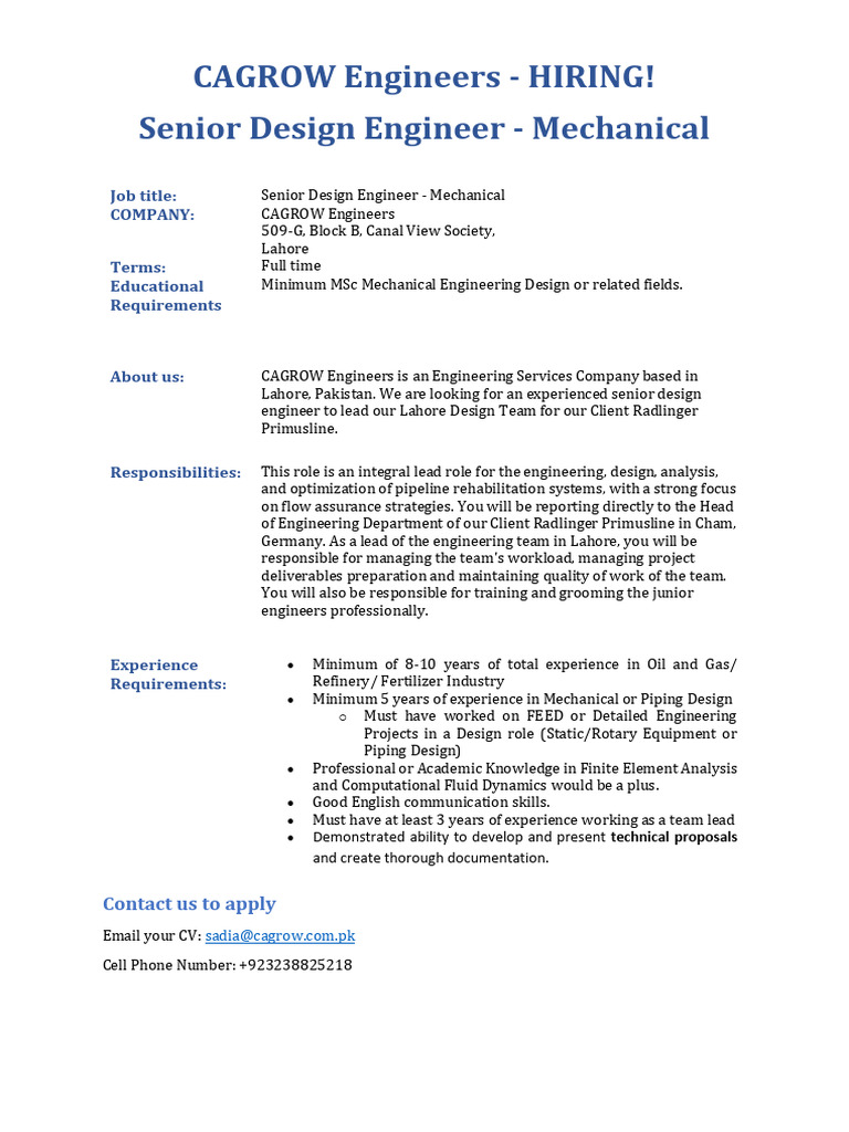 JD For Senior Design Engineer | PDF