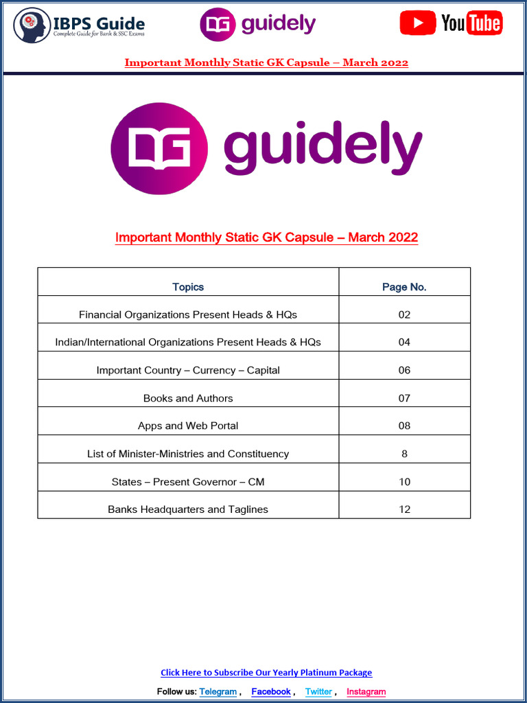 Important Monthly Static GK Capsule March 2022 | PDF