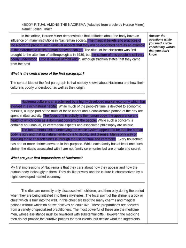 Capizzani - Body Ritual Among The Nacirema | PDF | Rituals | Exorcism