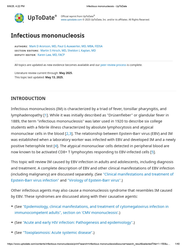 Infectious Mononucleosis - UpToDate | PDF | Infection | Antibody