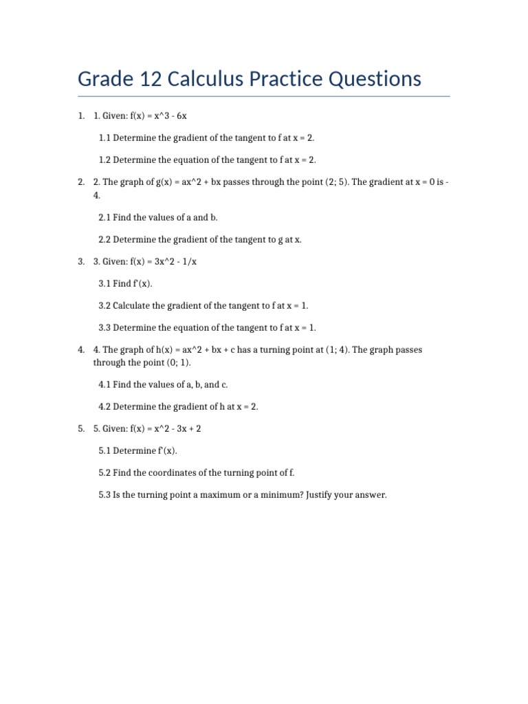 Grade 12 Calculus Practice Questions | PDF