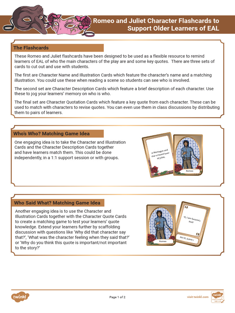 Romeo and Juliet Character Flashcards Adult Guidance | PDF | Characters ...