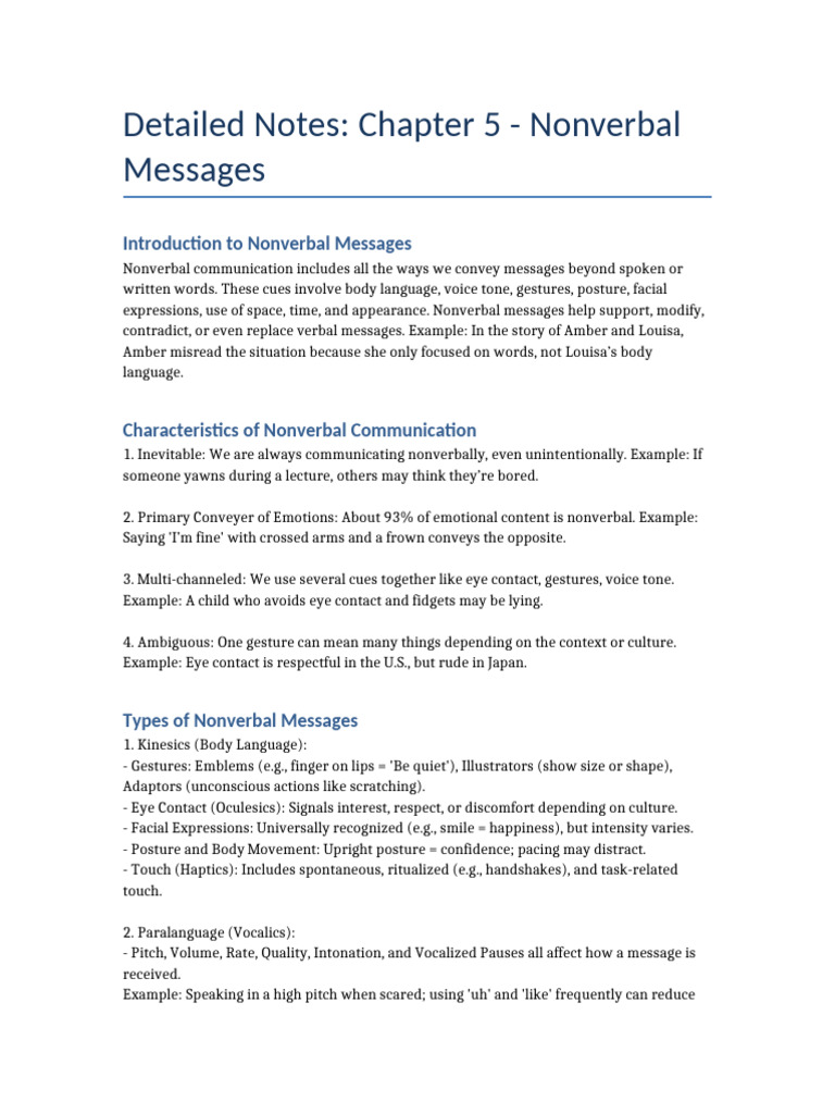 Detailed Chapter 5 Nonverbal Messages Notes | PDF | Nonverbal ...