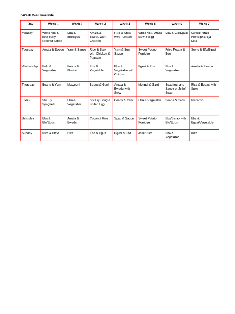 7-Week Nigerian Meal Timetable | PDF