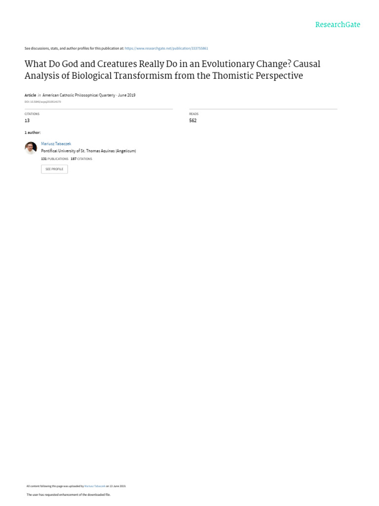 Theistic Evolution ACPQ Prepublished | PDF | Thomism | Metaphysics