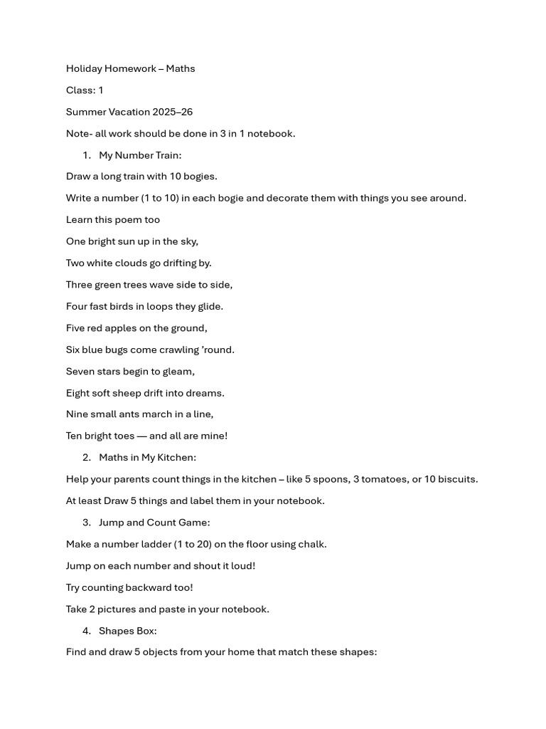 Class 1 Summer Holiday Homework | PDF