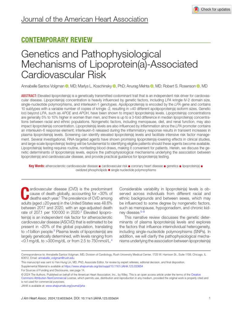 Genetics and Pathophysiological Mechanisms of Lipoprotein (A ...