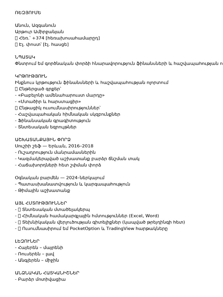 Artur Amirjanyan CV Armenian | PDF