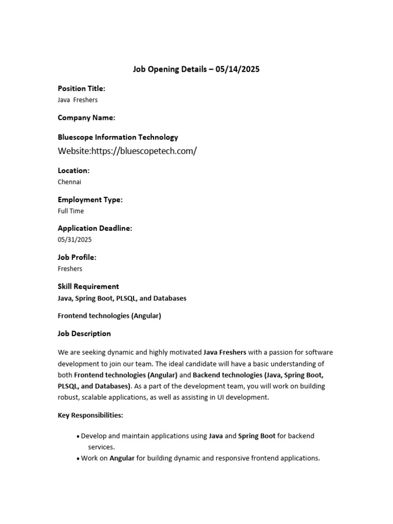 BlueScope - JD - Java Developer Fresher | PDF | Databases | Computing