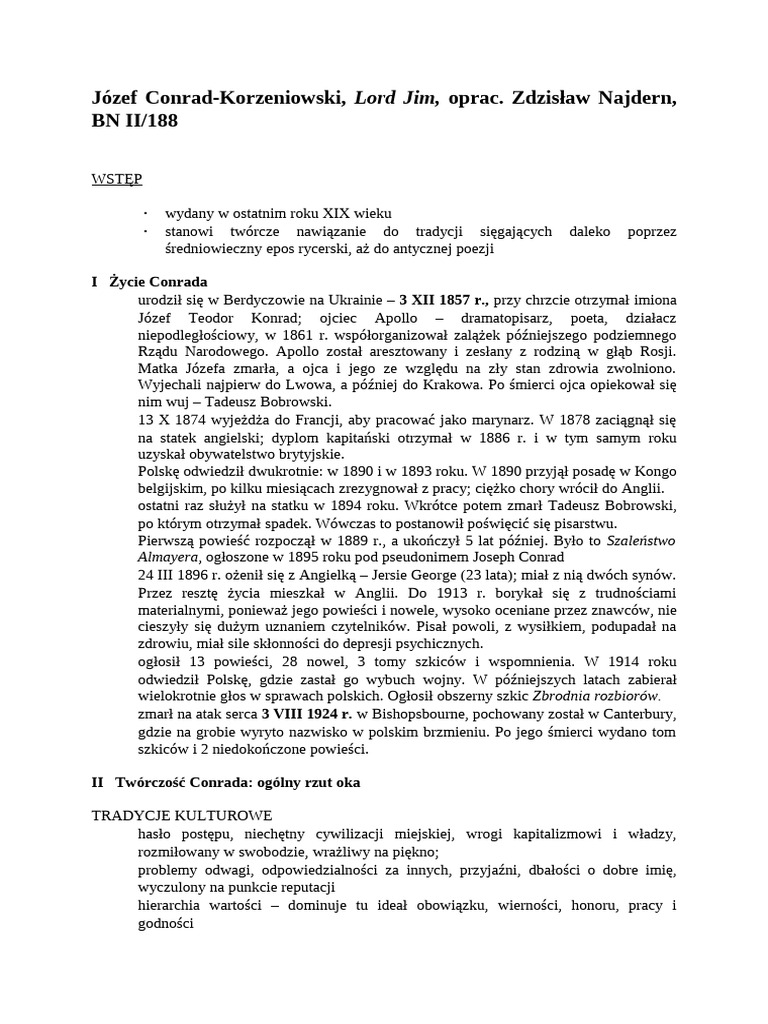 Notatek PL Korzeniowski Jozef Conrad Lord Jim | PDF