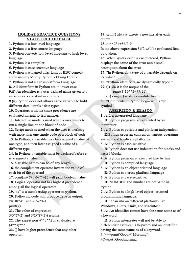 Python Holiday Practice Questions | PDF | Control Flow | Python (Programming Language)