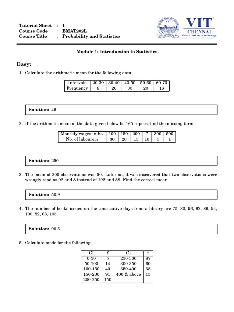 PS Module1 Common Tutorial Sheet Win 24 25 | PDF | Mean | Standard Deviation