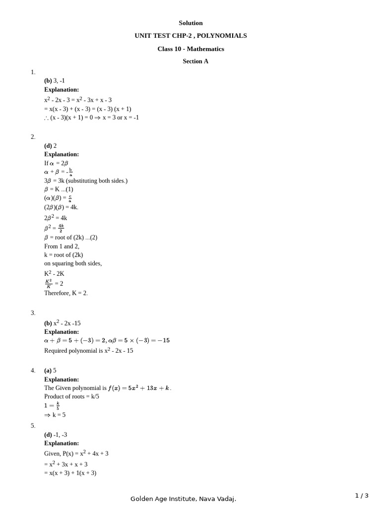 Class 10 Polynomial Unit Test | PDF | Zero Of A Function | Polynomial