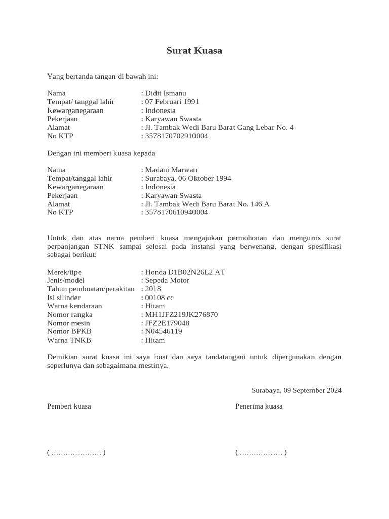 Surat Kuasa Perpanjang STNK | PDF