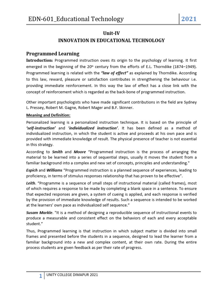 EDN 601 Programmed Learning | PDF | Learning | Psychology