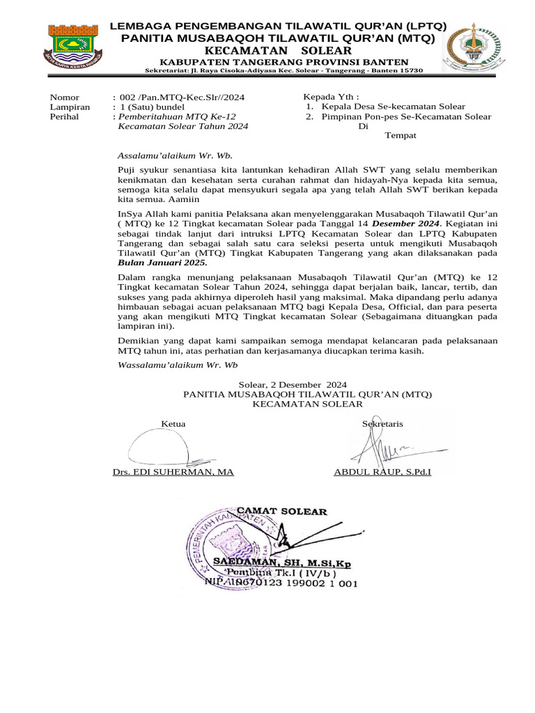 Surat Pemberitahuan LPTQ Ke 12 Kec. Solear | PDF
