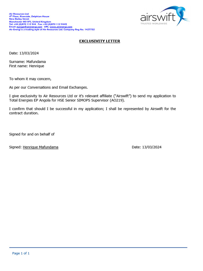 Exclusivity Letter - Total | PDF