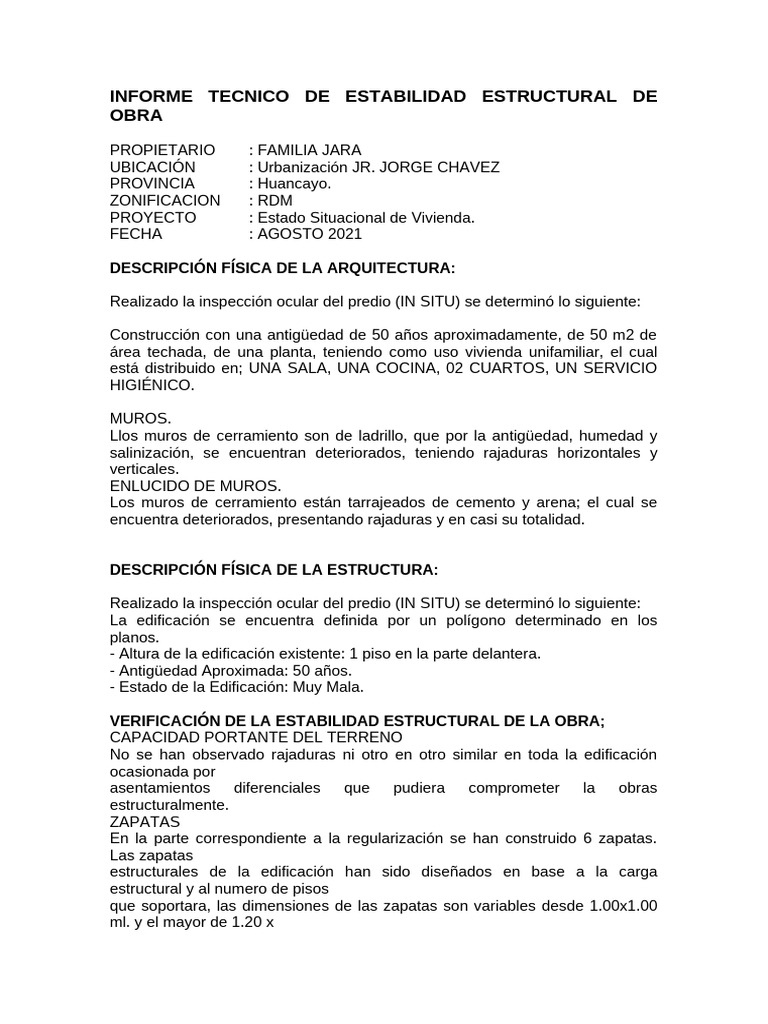 Informe Tecnico de Estabilidad Estructural de Obra | PDF | Fundación (Ingeniería) | Hormigón