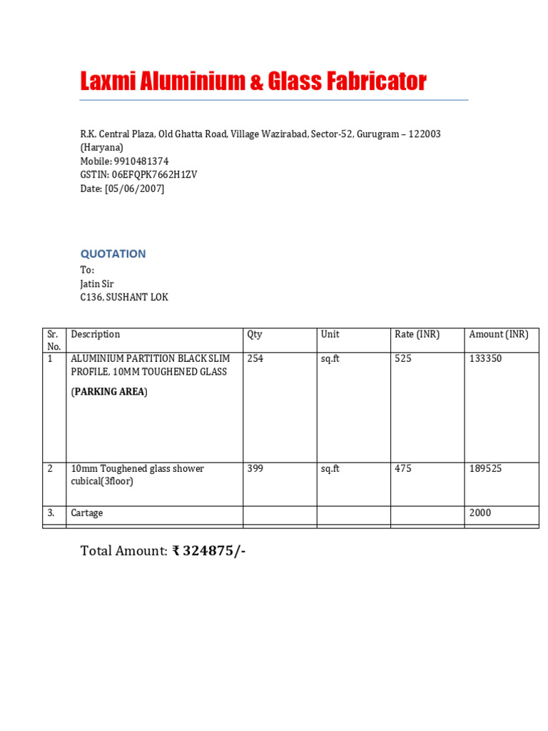 Aluminium and Glass Quotation Sample | PDF