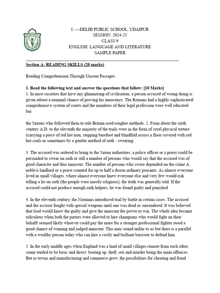 Sample Paper of Half Yearly Examination Class Ix Session 202425 | PDF | Crimes | Crime & Violence