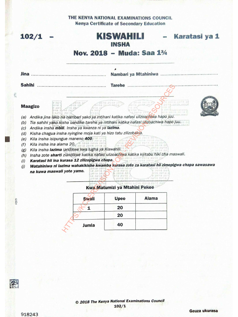 2018 KCSE KNEC KISWAHILI PP1.TextMark | PDF