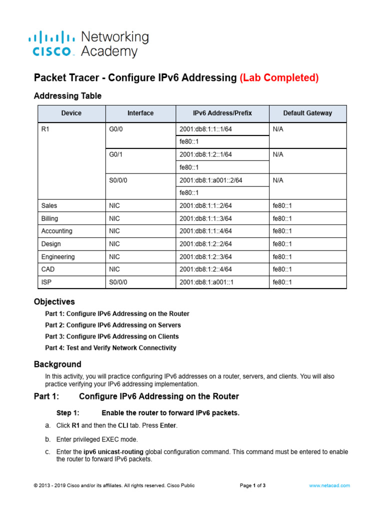Finished 12.6.6 Packet Tracer - Configure IPv6 Addressing | PDF | I Pv6 | Ip Address