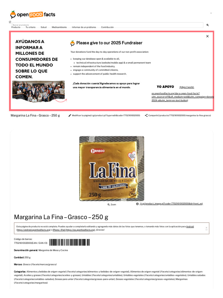 Margarina La Fina Grasco 250g: Información nutricional | PDF | Etiqueta ...
