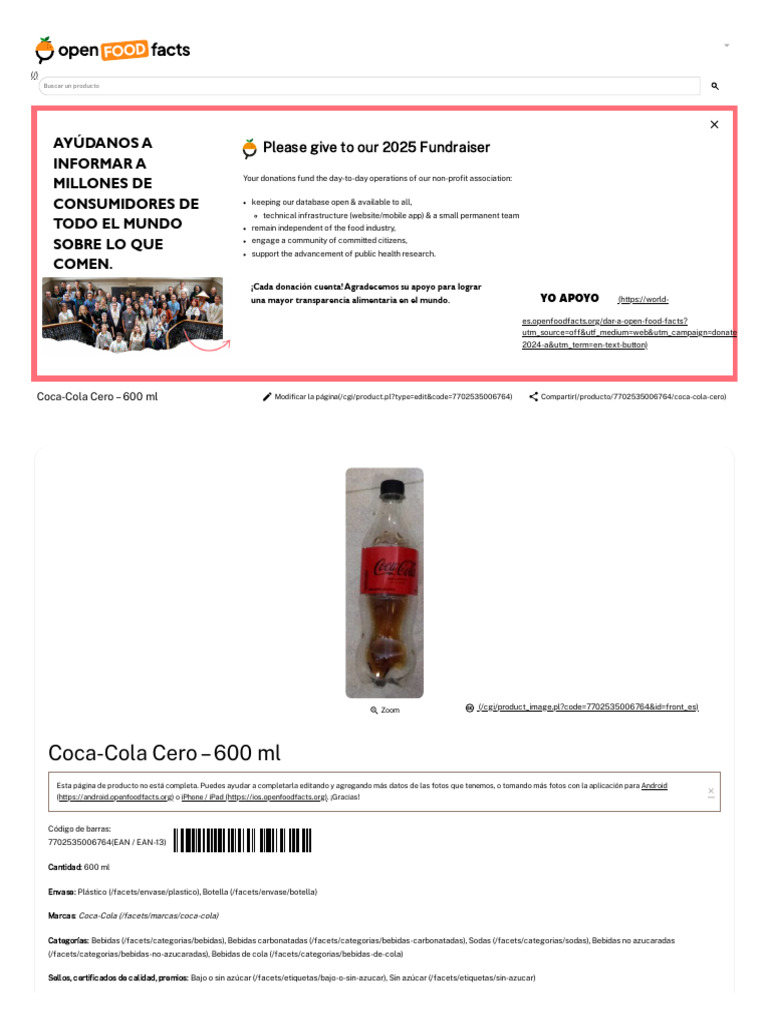 Coca-Cola Cero 600 ml: Sin Azúcar | PDF | Nutrición | Dieta y nutrición
