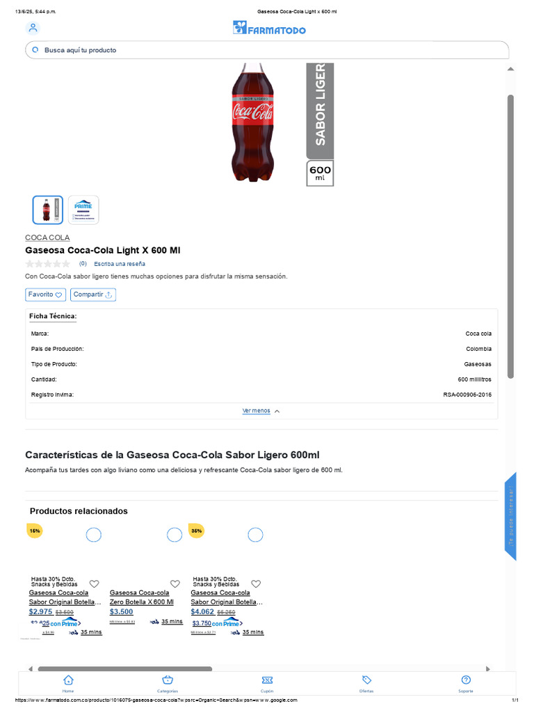 Gaseosa Coca-Cola Light X 600 ML | PDF | Coca Cola | Refresco
