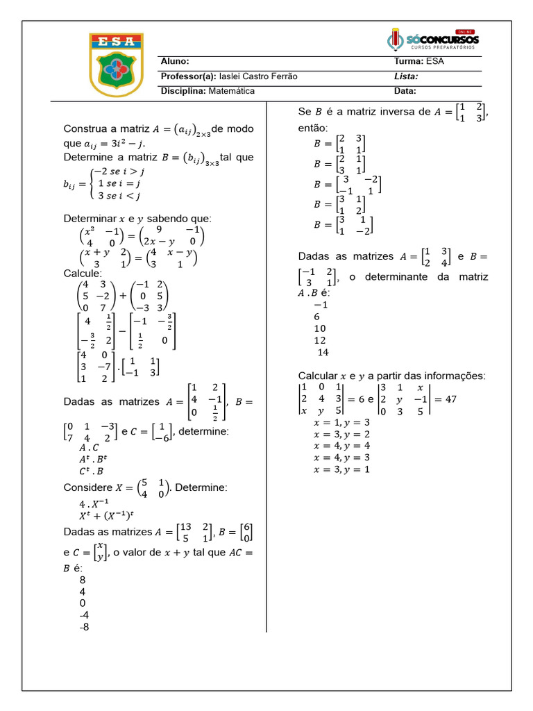 Operações e Matrizes em Matemática | PDF | Álgebra linear | Teoria da ...