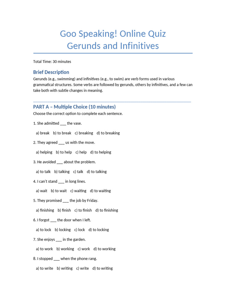 Lesson 3 Gerunds and Infinitives Quiz 6june2025 | PDF | Language ...