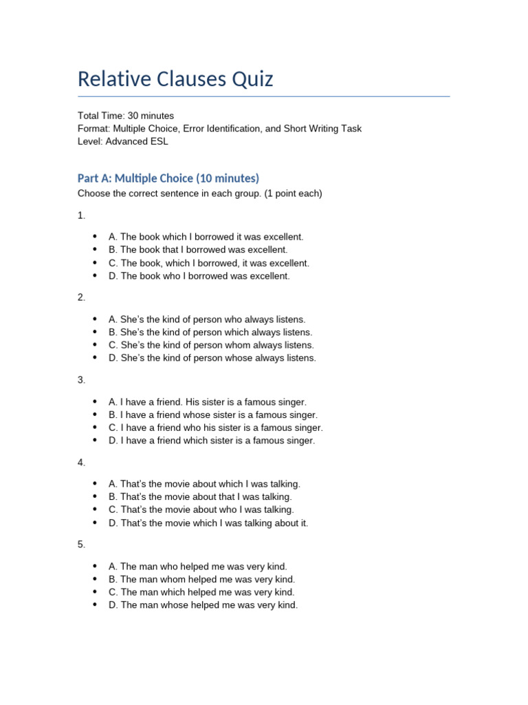 Lesson-4 Relative Clauses Quiz 13june2025 | PDF | Linguistics