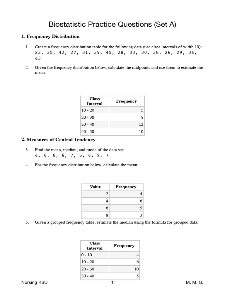 Biostatistic Practice Questions (Set A) | PDF | Median | Student's T Test