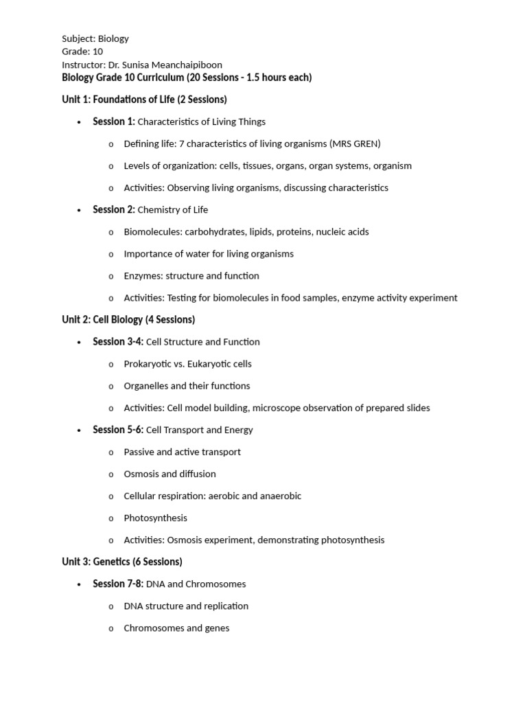 Biology Grade 10 Curriculum | PDF | Cell (Biology) | Biology
