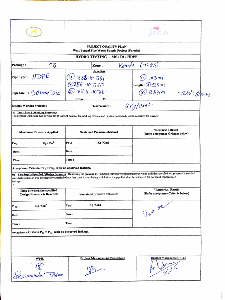 Hydro Testing Procedure for HDPE Pipes | PDF | Pipe (Fluid Conveyance ...
