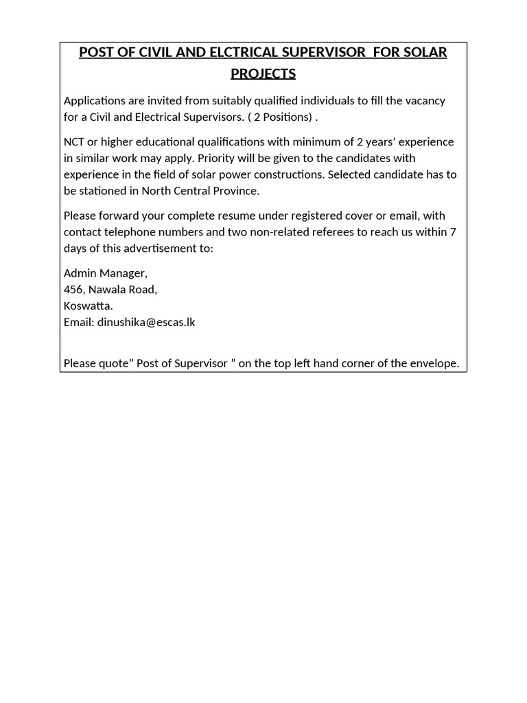 Civil & Electrical Supervisor Jobs - Solar | PDF