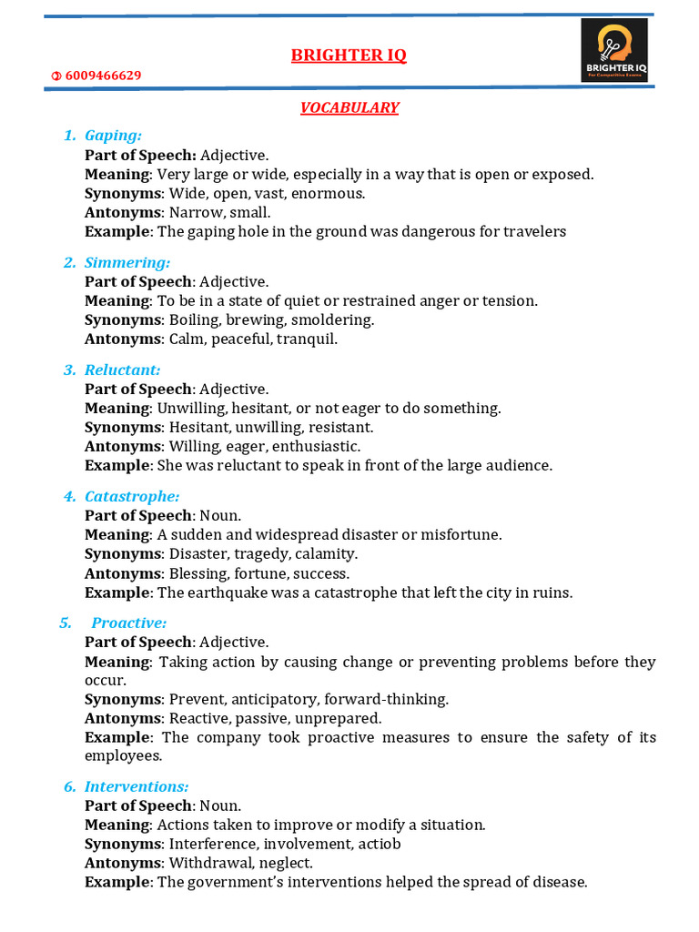 Brighter IQ - Daily Vocabulary (2025-34) | PDF | Part Of Speech | Semantics
